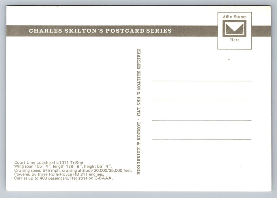 Airplane Postcard Court Line Airlines Airways Lockheed L101 TriStar ...