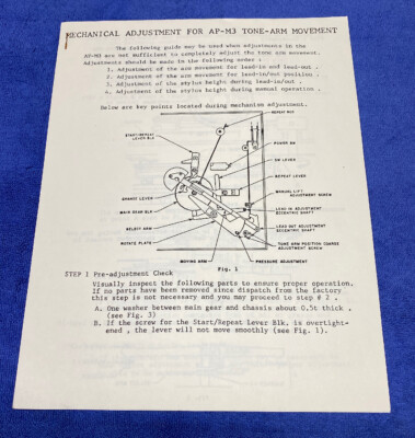 AKAI AP-M3 MECHANICAL ADJUSTMENT ORIGINAL GUIDE FOR TONE-ARM MOVEMENT ...