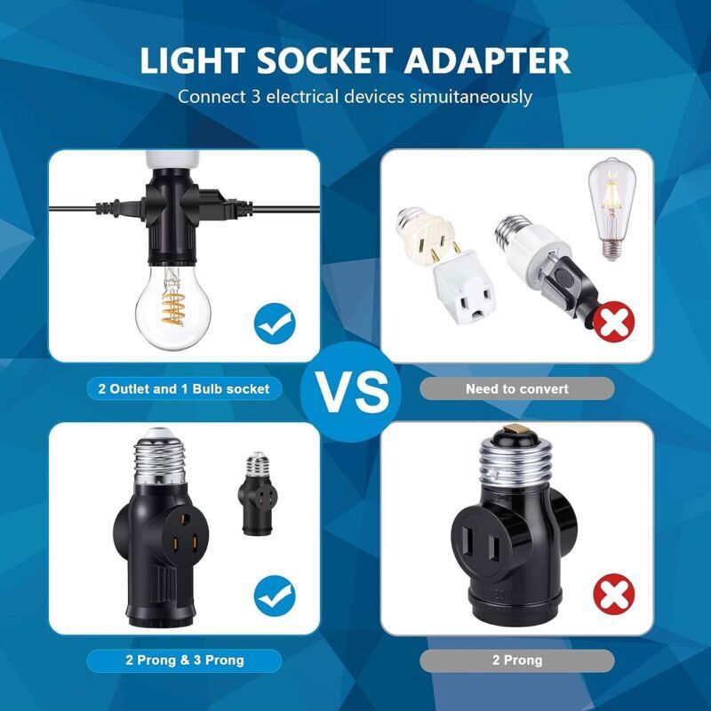 E26/E27 Light Socket to Plug Adapter 2/3 Prong Light Bulb Outlet Socket ...