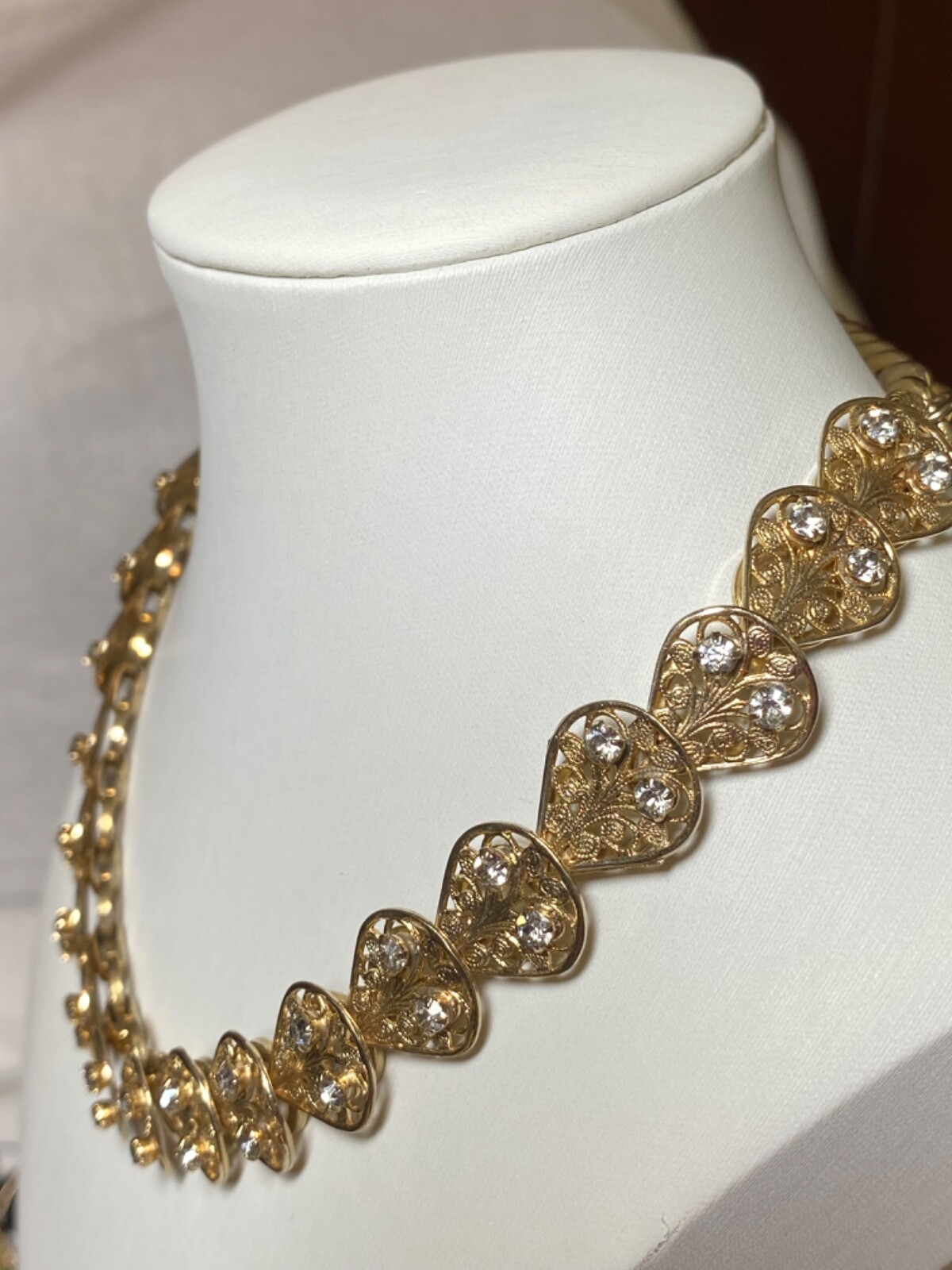 1950's 60's goldtone Filigree choker with clear rhine… - Gem