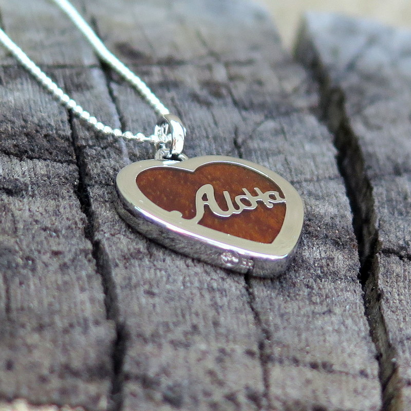 Hawaii Koa Wood Jewelry Aloha Heart Silver Rhodium Plated Brass Pendant ...