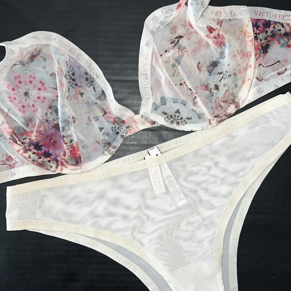 Victoria's Secret unlined 36DD BRA SET L panty white cream green red ...