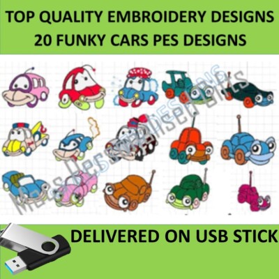 Funky Cars / Car - PES designs Machine Embroidery 20 files on USB stick ...