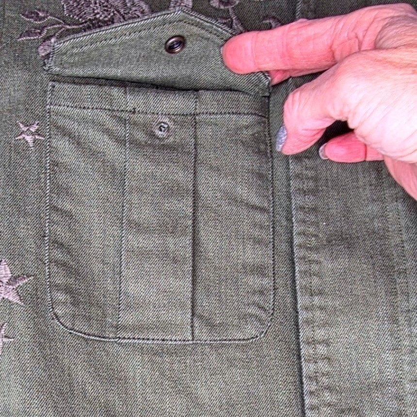 Johnny Was Workshop Military Jacket Small Zhenya Army Green Embroidery ...