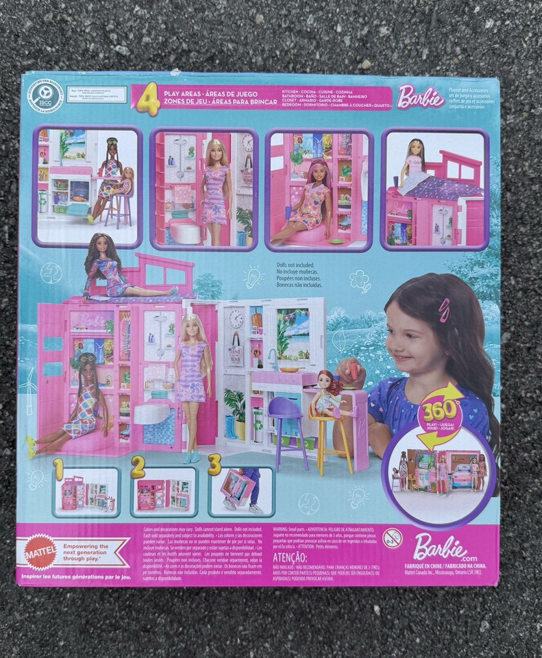 BARBIE Mattel HRJ76 Getaway House Playset w/4 Play Areas &11 Decor ...