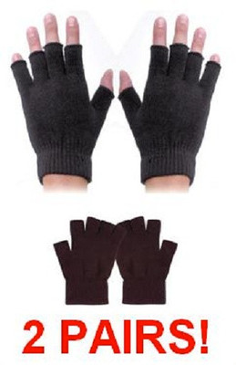 2 PAIRS BLACK FINGERLESS KNIT MAGIC STRETCH GLOVES hand warmers open ...