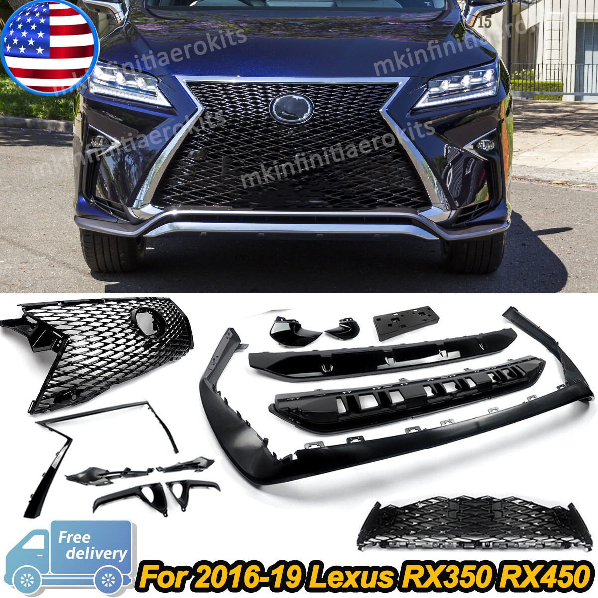 Front Bumper Grille Sport Mesh Kit Gloss Black For 2016-2019 Lexus ...