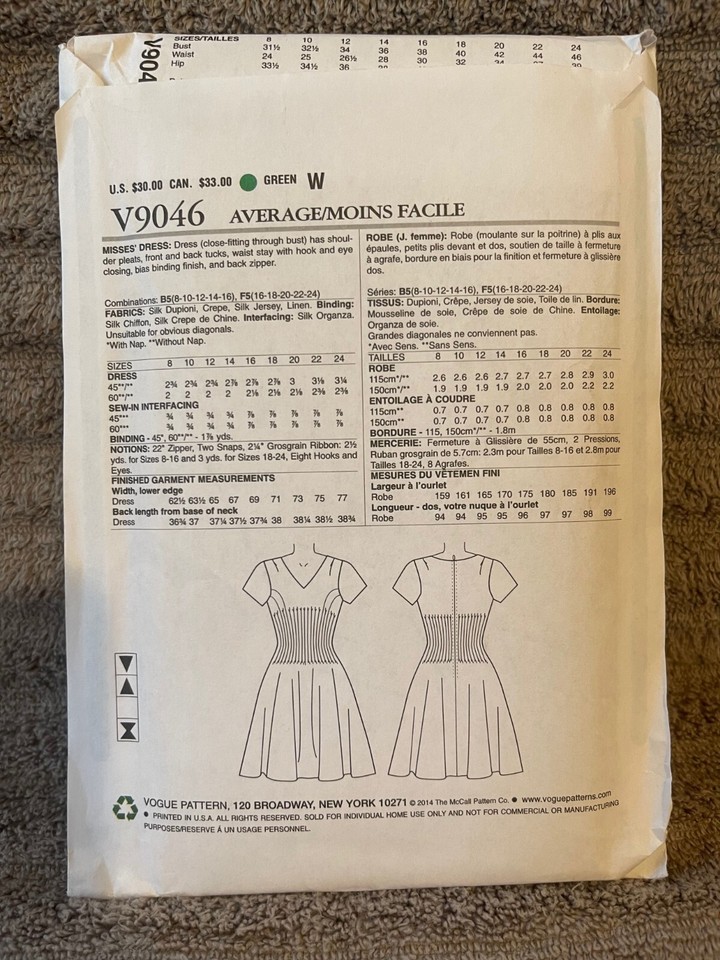 Vogue Pattern V9046 Ms CLAIR SHAEFFER Dress w/Front & Back Tuck Detail ...