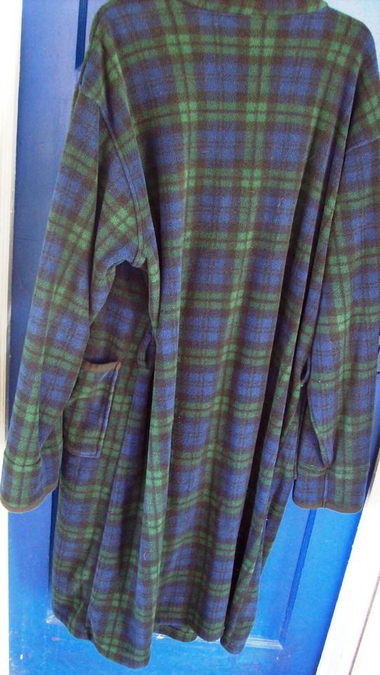 LL Bean Scotch Plaid Fleece Robe w/Belt & Pockets~Geen/Blue~50" Long ...