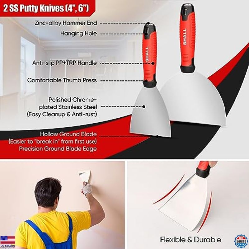 7-Pc Stainless Steel Drywall Tool Kit - Putty Knife, Taping Knife, Mud ...