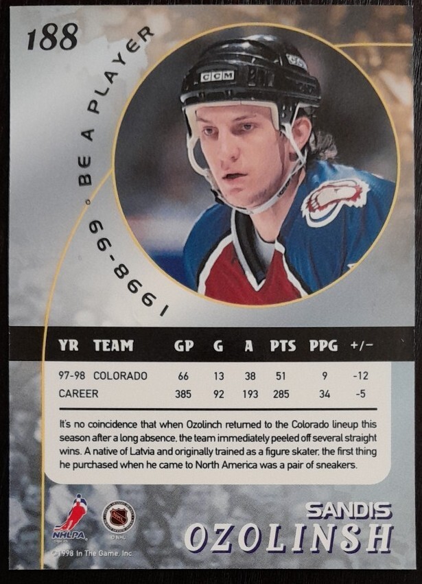 1998 - 1999 ITG Be A Player Sandis Ozolinsh Gold Series #188 Hockey ...