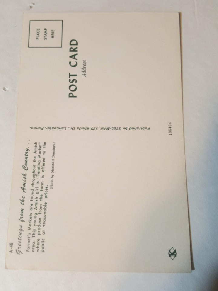 Vintage postcard Amish girl at farmers market stand Lancaster ...