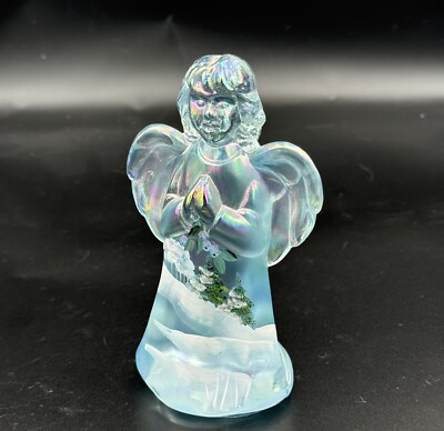 Fenton Blue Iridescent Glass Angel Winter Scene Figurine 5" Handpainted ...