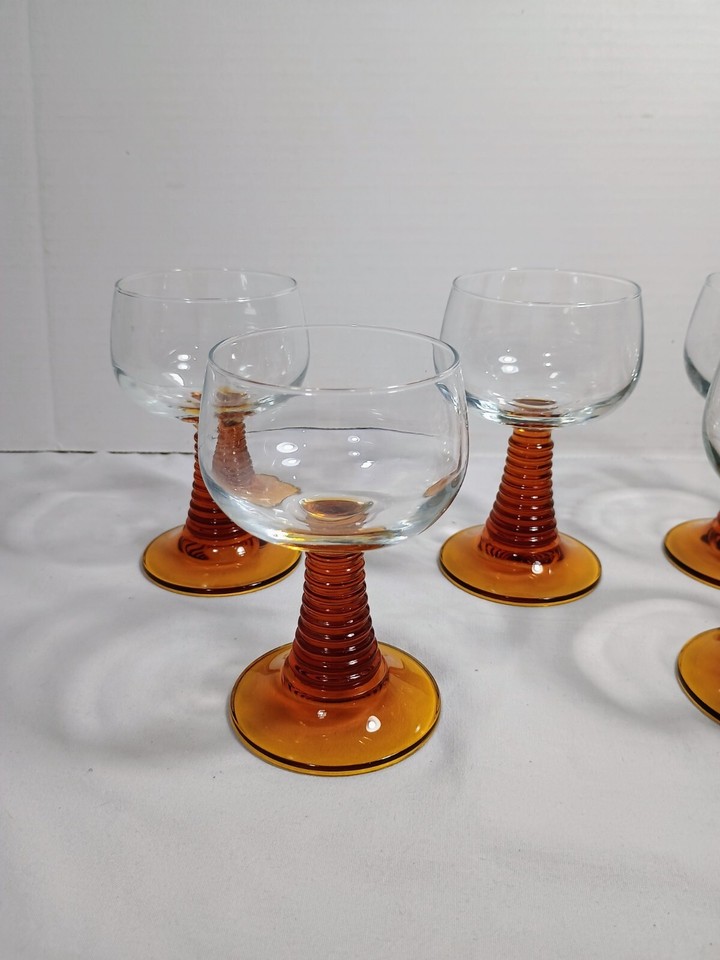 Lot of 8 MCM Vtg Luminarc Amber Ribbed Beehive Stem Roemer Wine Glasses France | eBay