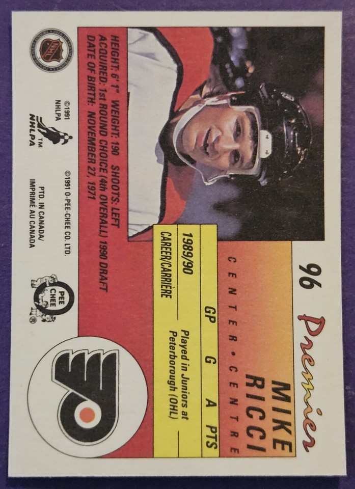 1990-91 O-Pee-Chee Premier Hockey #96 Mike Ricci Rookie Philadelphia ...
