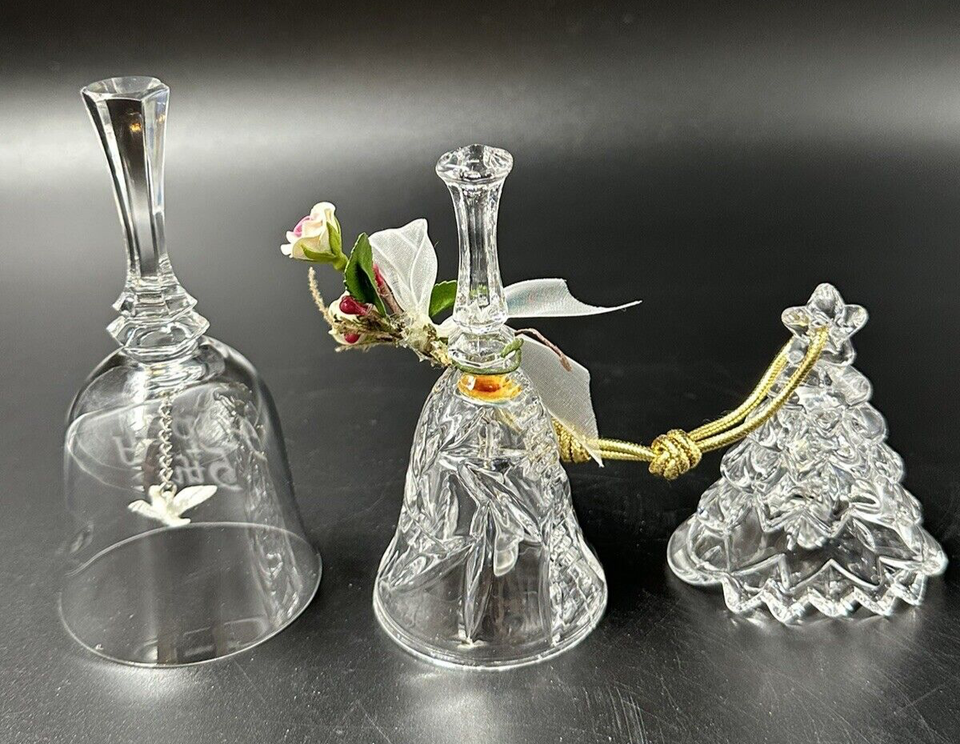 Lot of 3 Glass and Crystal Bells Mikasa Christmas Tree Bell Happy 5th ...