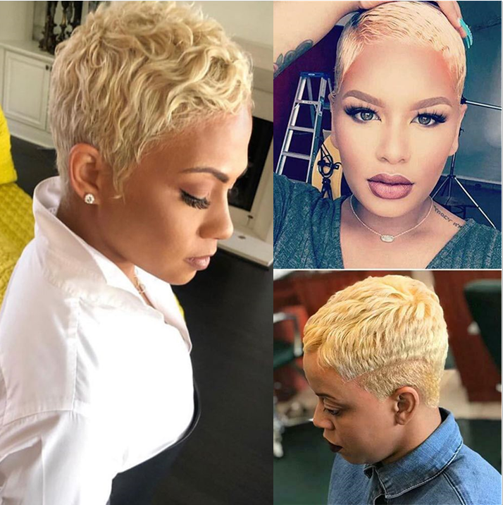 613 Blonde Short Pixie Cut Human Hair Wigs Brazilian Remy Hair No Lace ...
