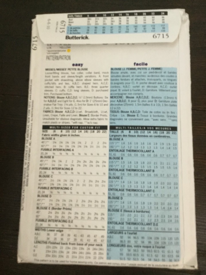 Butterick 6715 Blouse Loose-fitting Collar Sleeve Variations Darts Easy ...