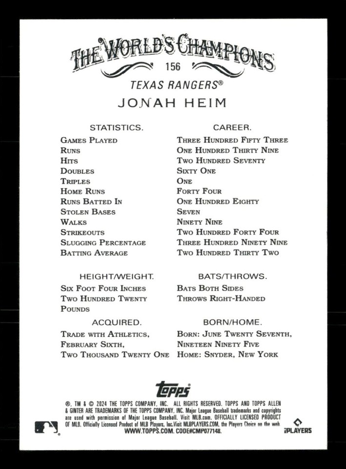 Jonah Heim 2024 Topps Allen & Ginter Silver Portrait #156 Texas Rangers ...