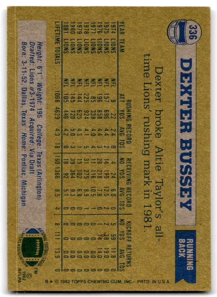 1982 Topps Dexter Bussey . Detroit Lions #336 | eBay