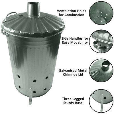 90L Garden Incinerator Large Steel Galvanised Metal Fire Bin Brazier ...