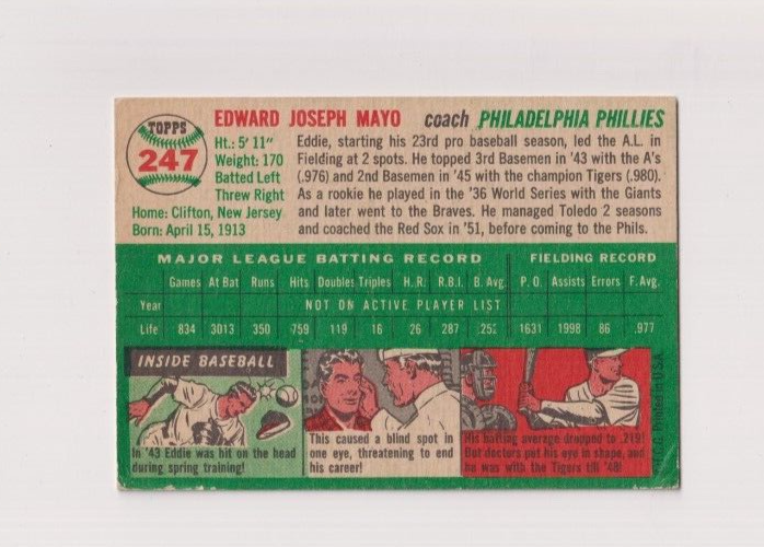 EDDIE MAYO 1954 TOPPS BASEBALL VINTAGE BASEBALL #247 PHILADELPHIA ...