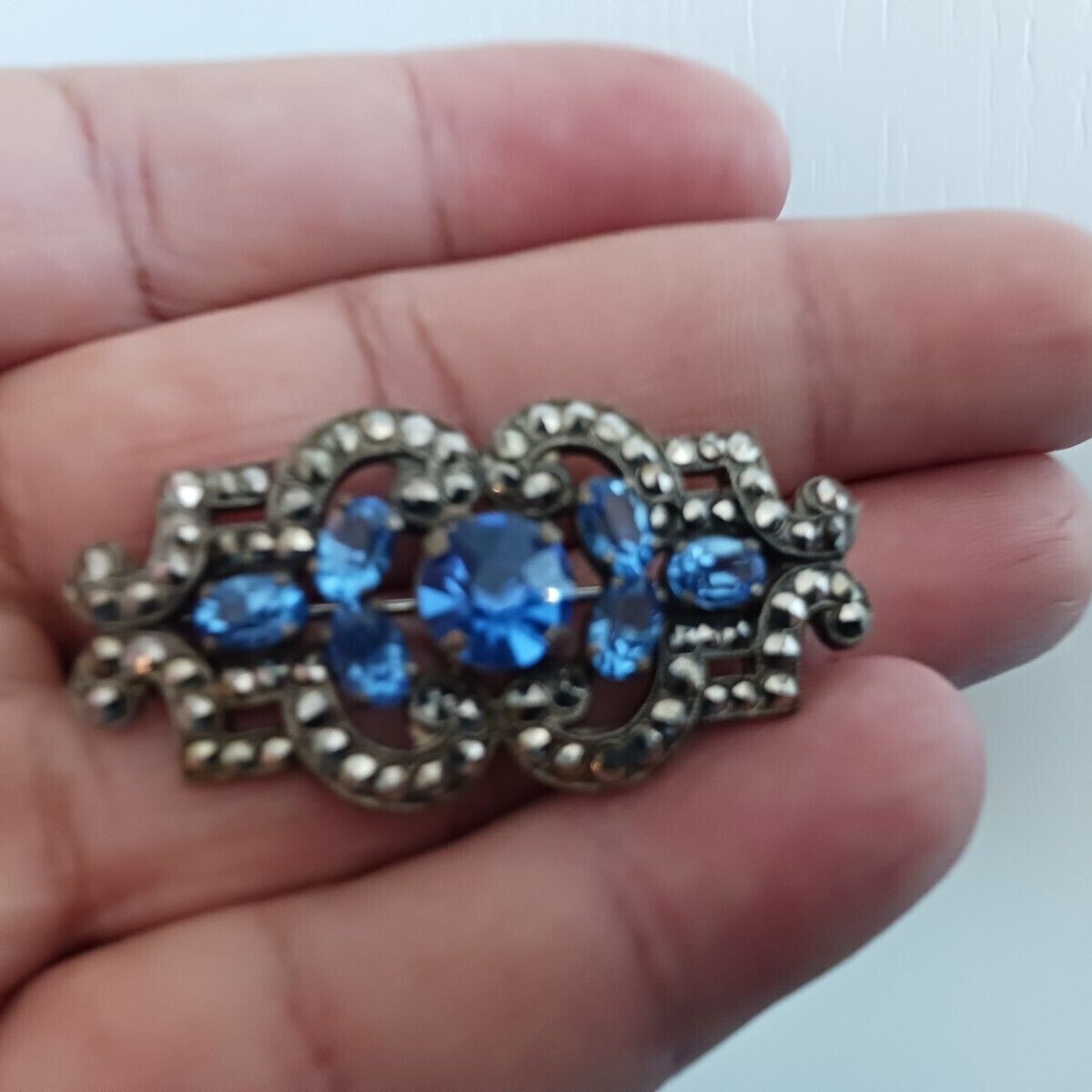 Art Deco Silver Gilt Marquesite Brooch with Blue Sapphire paste ...