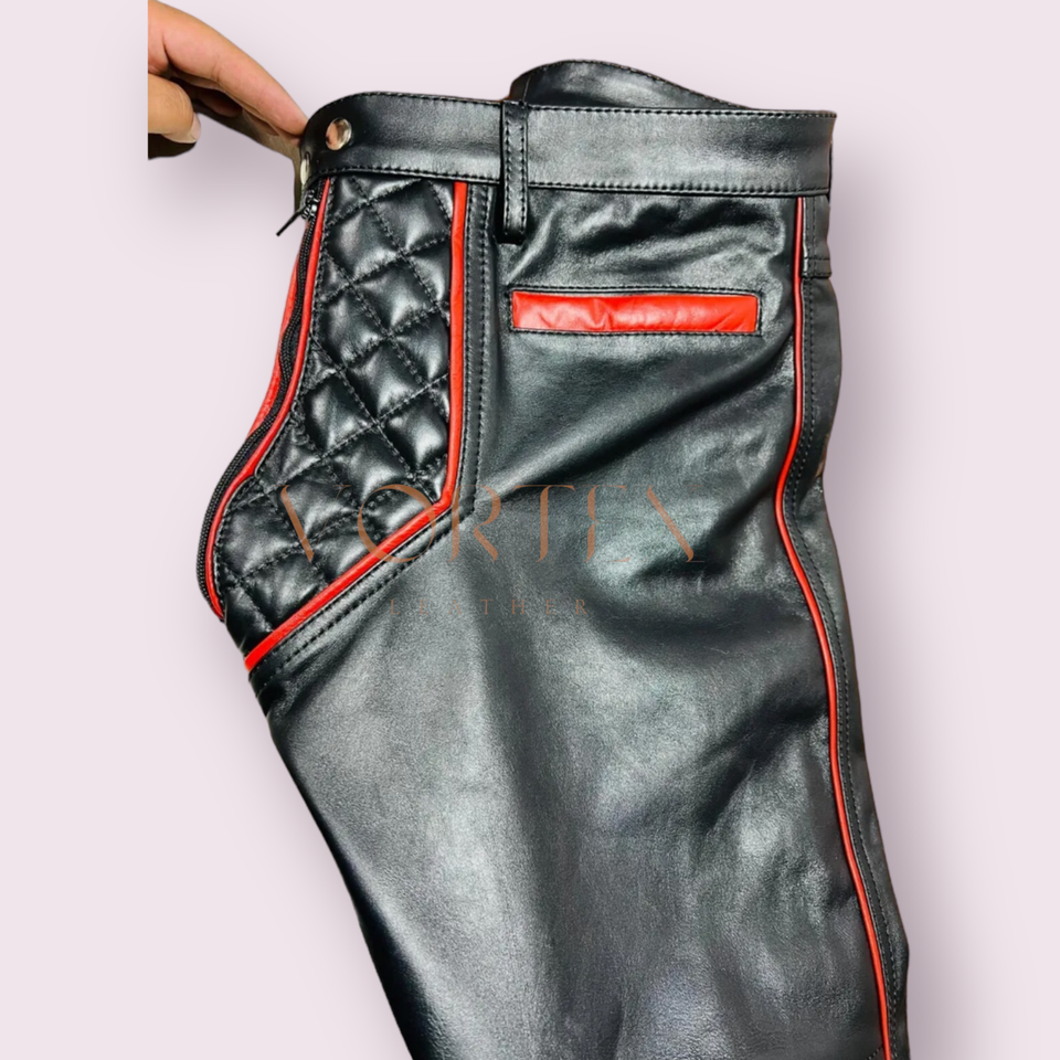 Gay Men's Black Leather Pant Red Pipe Line Style Genuine Lambskin Leather Pant | eBay