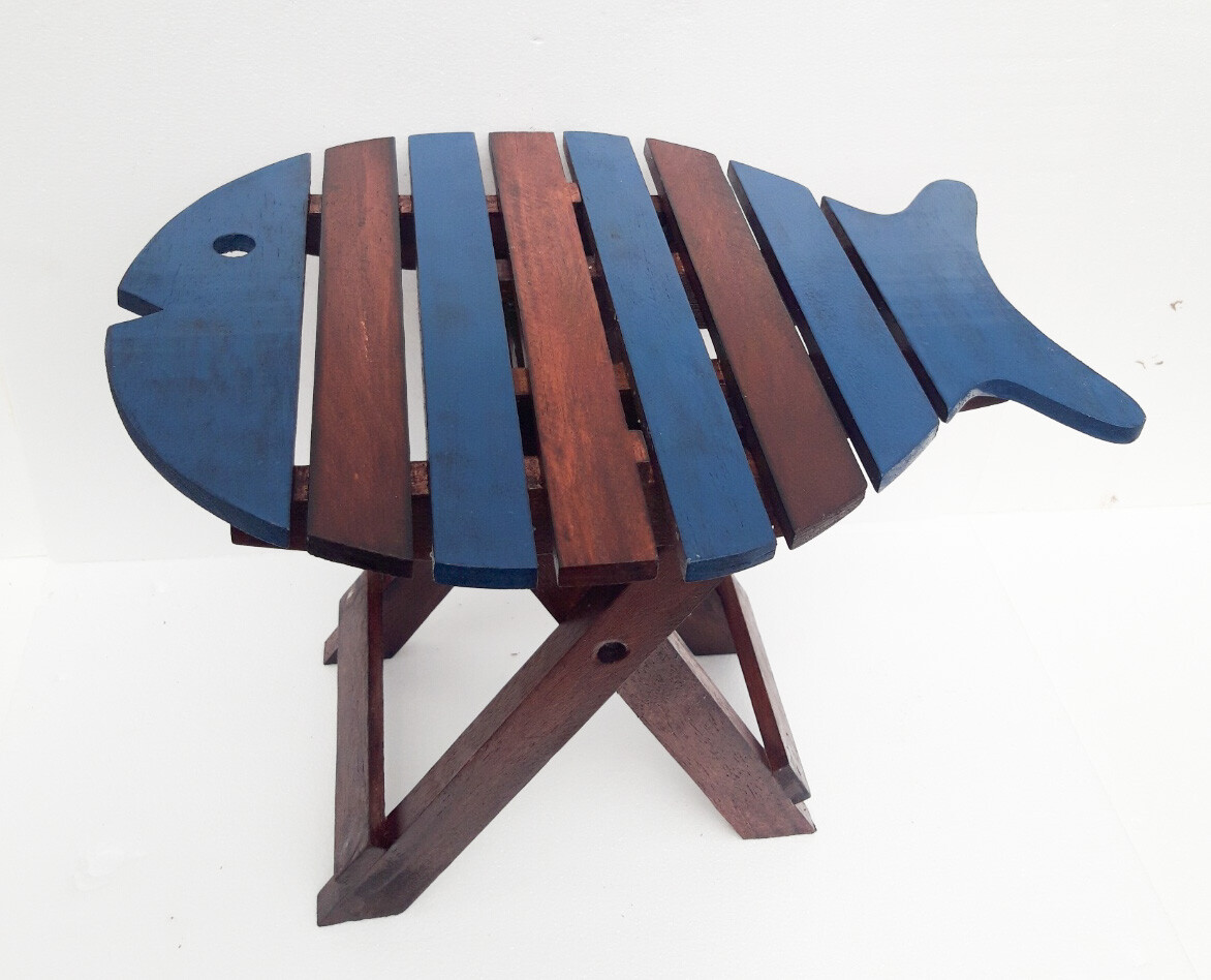Folding Rustic Fish Table Blue & Dark Wood Shabby chic Folding Fish ...