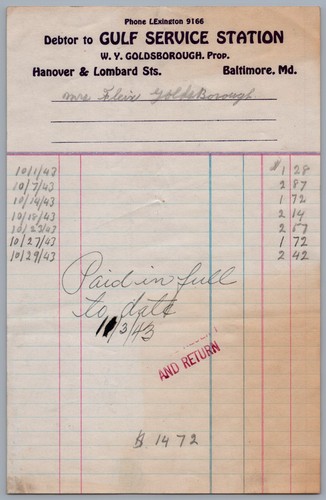 1943 Rallo Bros Gulf Oil Service Station Baltimore Invoice Billhead ...