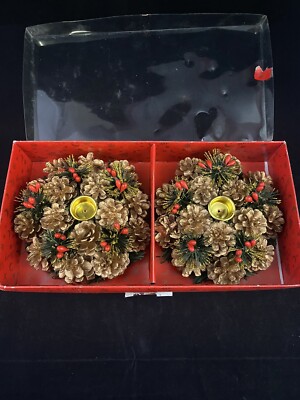Vintage Christmas Wreath Taper Candle Holders Holly Pine Cones | eBay
