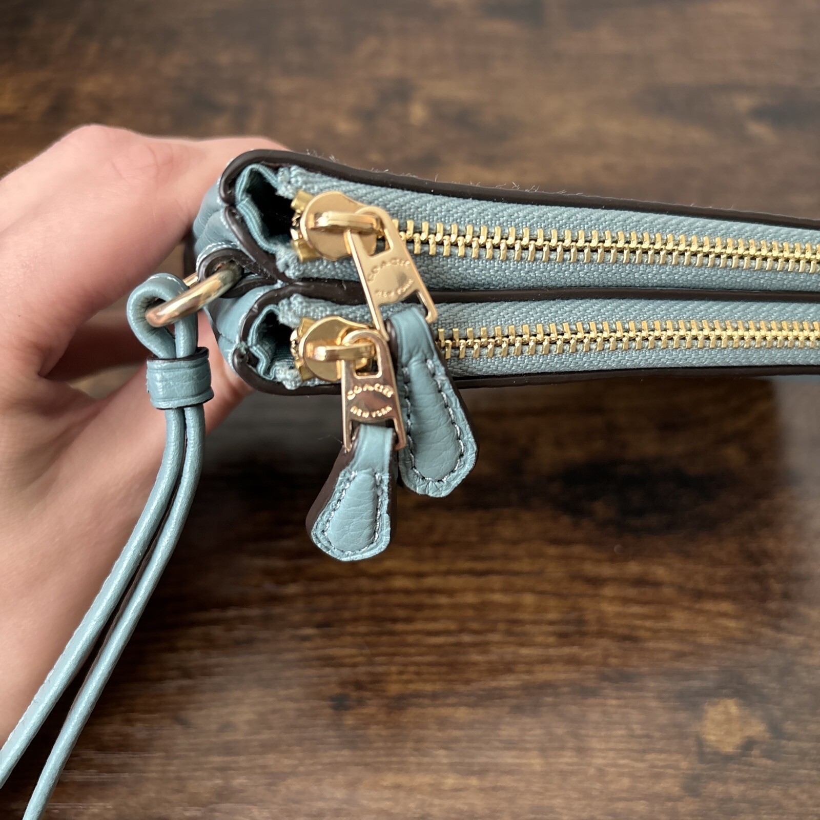 Coach Teal / Blue Leather Double Corner Zip Wristlet… - Gem