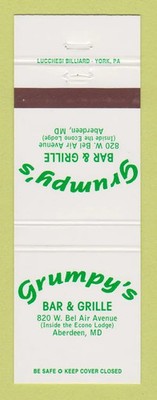 Matchbook Cover - Grumpy's Bar Grille Aberdeen MD | eBay