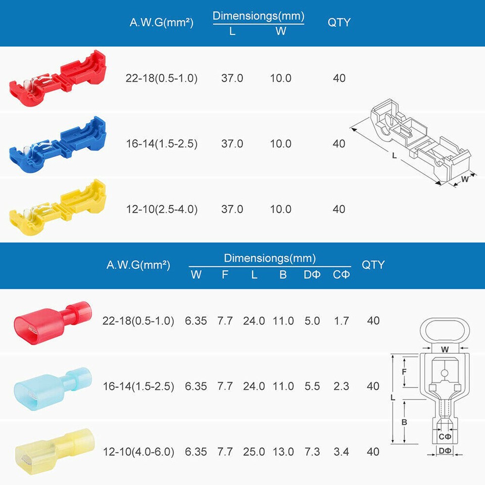 240/60Pcs T-Taps Wire Terminal Connectors Insulated 22-10 AWG Quick ...