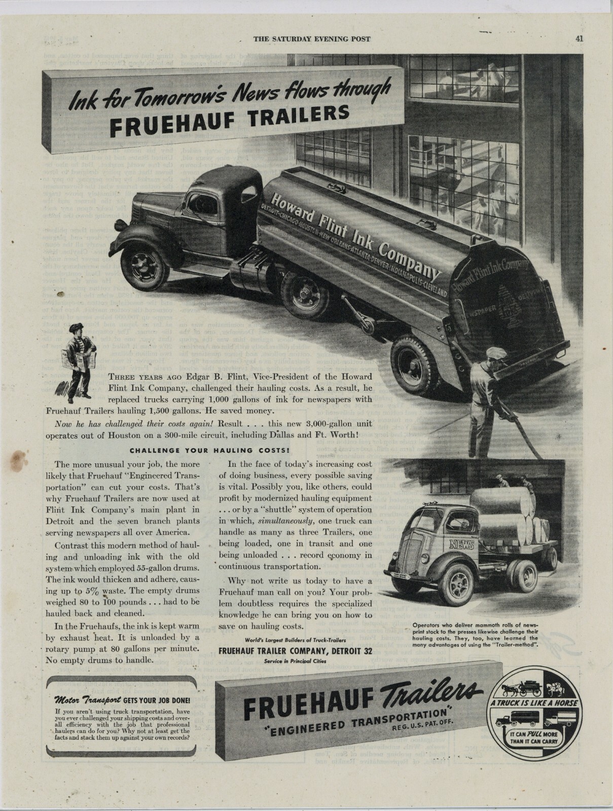 1945 Fruehauf Trailers Ad: Howard Flint Ink Co. Tanker Truck Pictured ...
