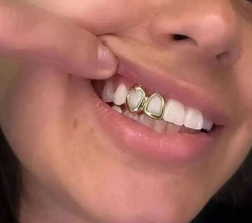 Custom Fit 14K Gold Plated Mouth Teeth Double Open Face Heart Grillz ...