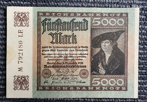 1922 Germany 5000 Mark Banknote - Early Hyperinflation Era - Reichsbank ...