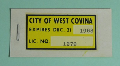 1968 West Covina California Vehicle Parking Registration License Decal ...