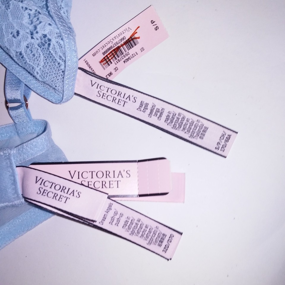 Victoria Secret Bra Set 32D Push Up Small Thong Light Blue Lace Dream ...