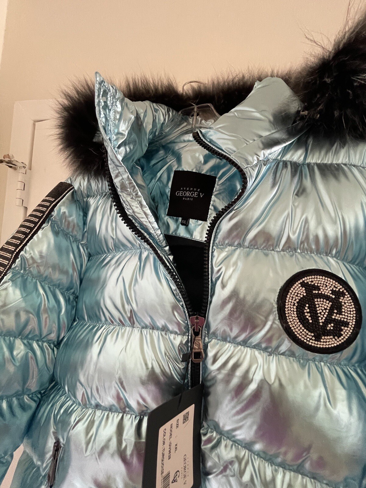 Men's Avenue George V Paris puffer Warm Jacket Aqua Blue Rhinestone Fur ...