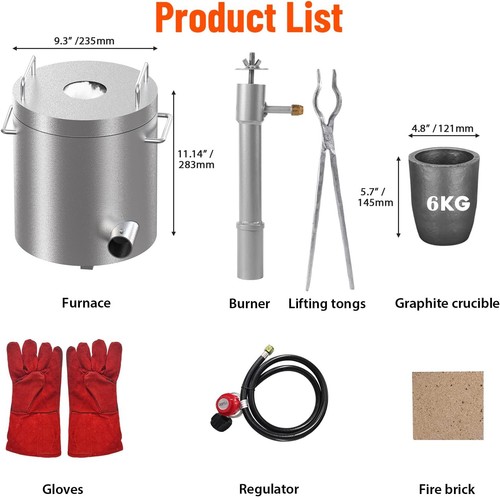 6KG Propane Melting Furnace Foundry Kit 1300°C/2372°F Casting Refining ...