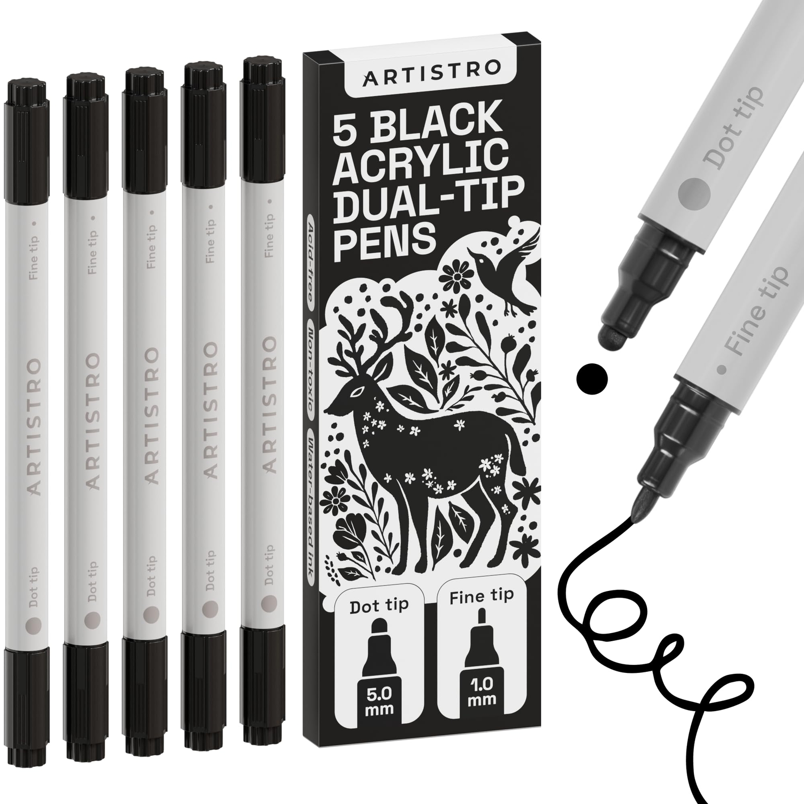 ARTISTRO 5 Black Acrylic Paint Pens Acrylic Paint Markers Dual Tip Fine ...