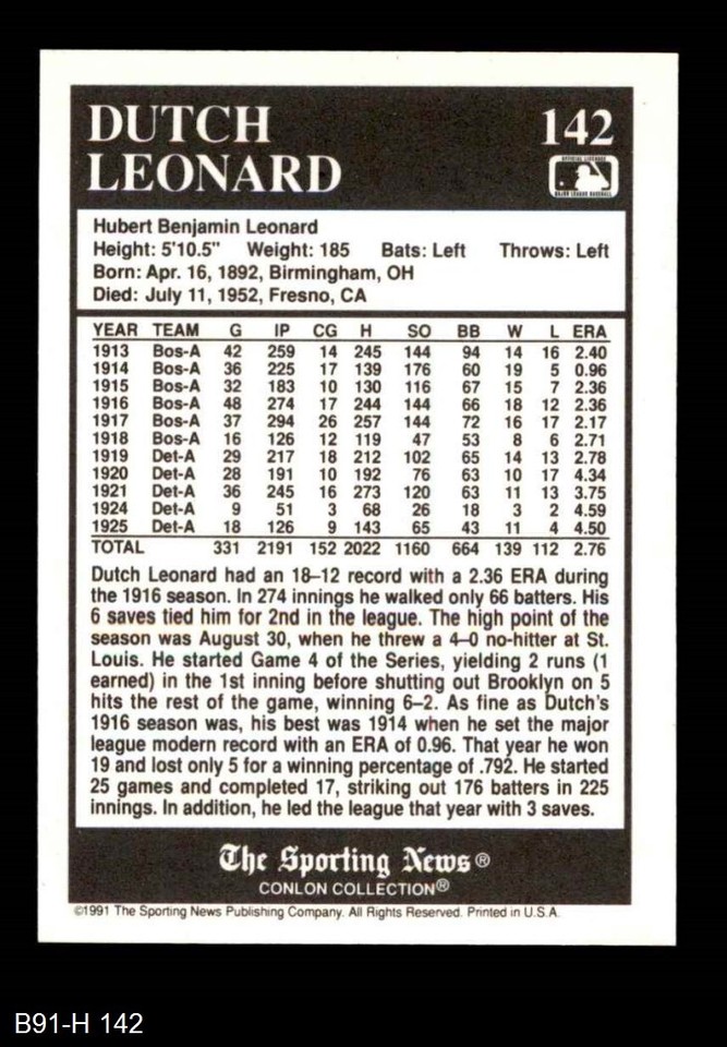 1991 Conlon #142 Dutch Leonard 1916 Champs Red Sox 8 - NM/MT | eBay