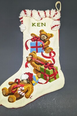 Vintage Trotter Christmas Teddy Bears Crewel Stocking Handmade Finished ...