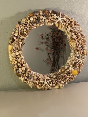 Large Round Sea Shell Frame Wall Mirror Folk Art Handmade Coastal Beach ...