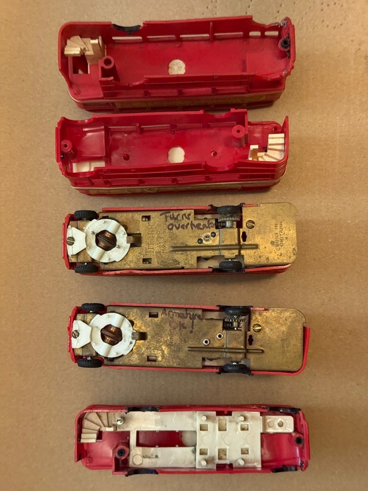 Five Minic Motorway Routemaster London Buses & 2 brass slot car chassis ...