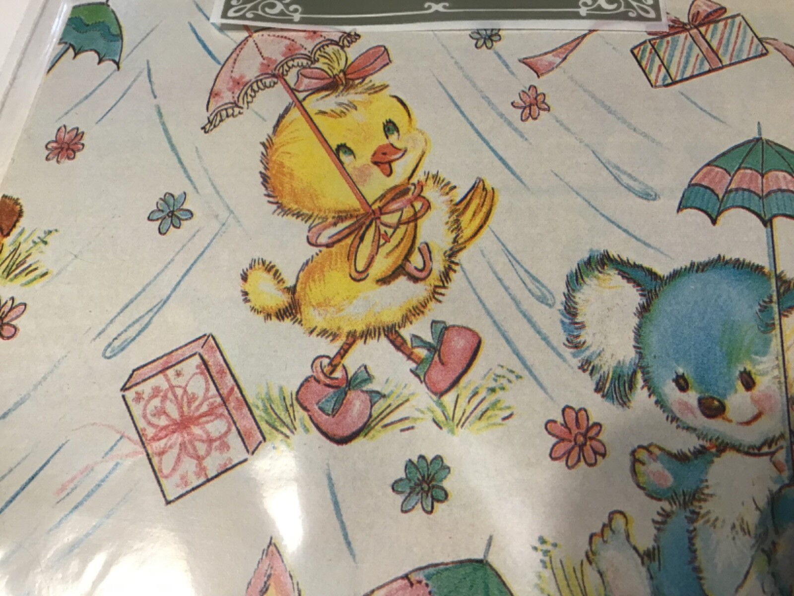 VTG Hy-Sil Baby Shower Gift Wrap Ducks Bunnies Kittens Bears Umbrellas ...