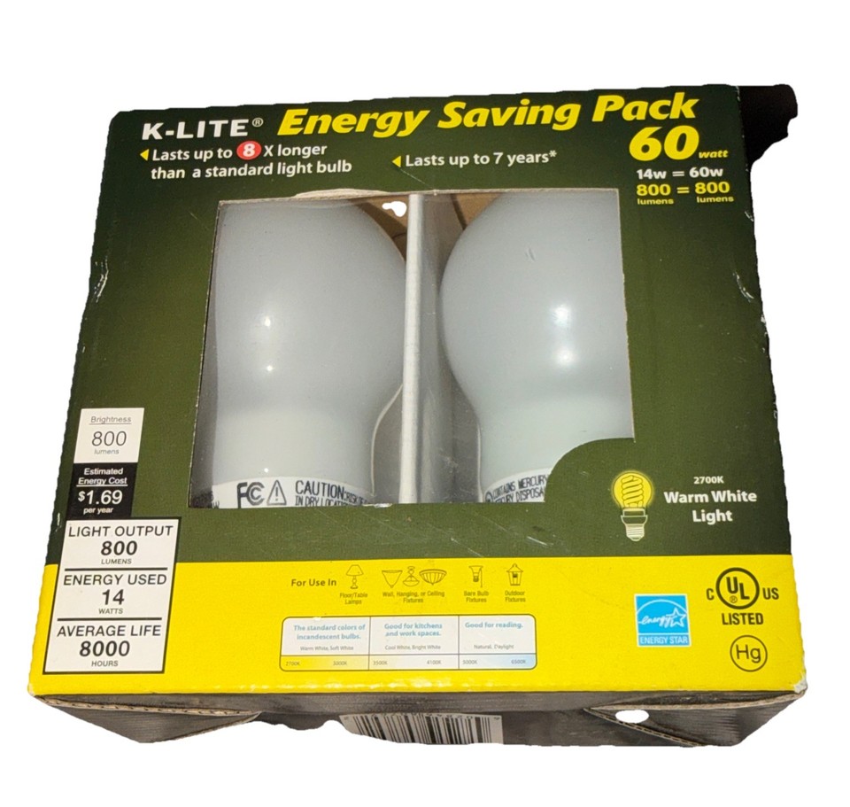 2 K-Lite Light Bulbs 60w Warm White Lights Energy Start 800 Lumens Uses ...