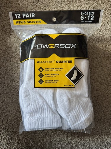 Men's Powersox All Sport Moisture Wicking Quarter White Socks 12 Pair ...