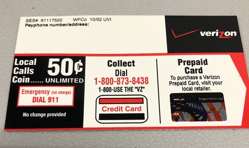 Verizon PAYPHONE INSTRUCTION CARDS For Automatic Electric 120B Style ...